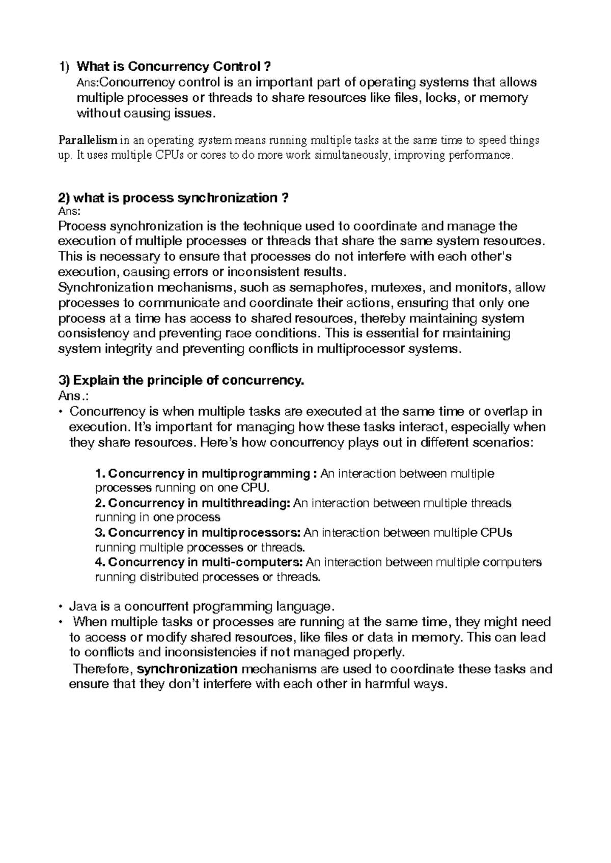 OS-unit 3 notes - OS unit 4 - 1) What is Concurrency Control? Ans ...