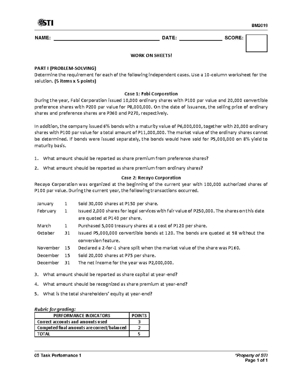05 Task Performance 117 Bm 05 Task Performance 1 Property Of Sti Page 1 Of 1 Name Date