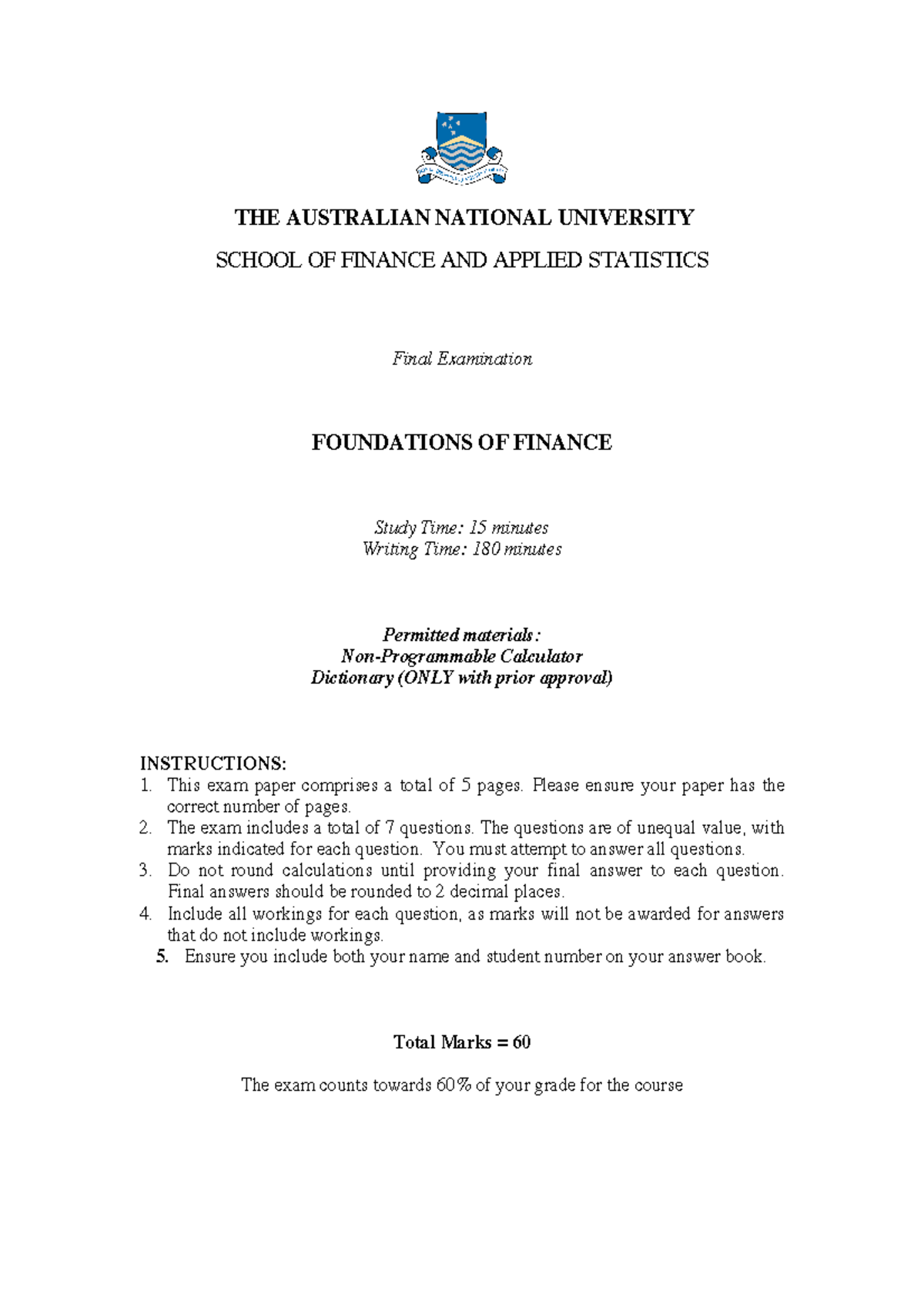 Sample/practice exam 2016, questions and answers - THE AUSTRALIAN NATIONAL UNIVERSITY SCHOOL OF ...