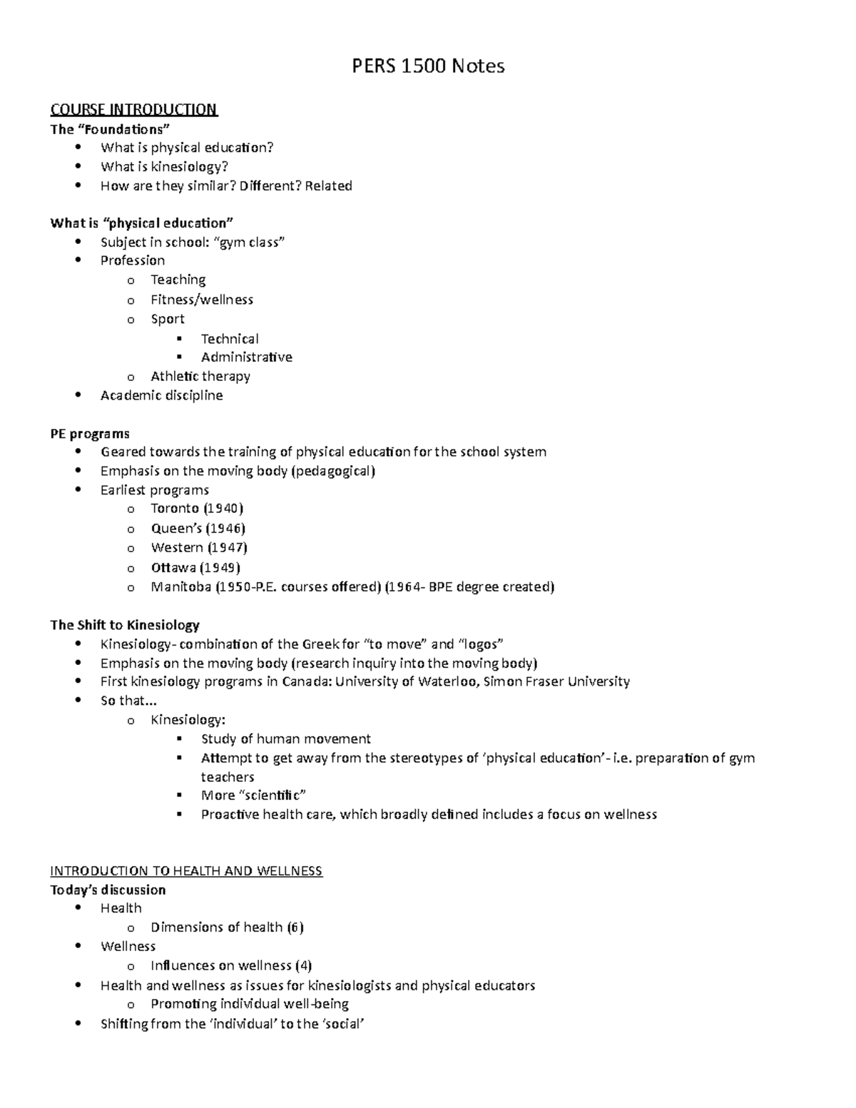 PERS 1500 Notes - Dr. Field - PERS 1500 Notes COURSE INTRODUCTION The ...