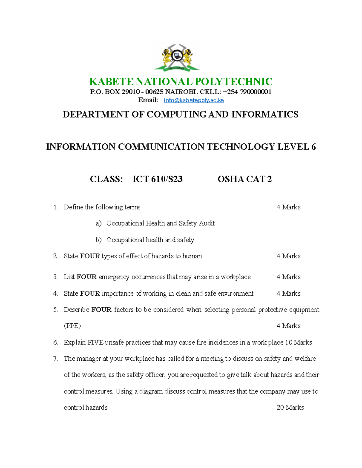 OSHA CAT 2 - Uhcncjvj - KABETE NATIONAL POLYTECHNIC P. BOX 29010 ...