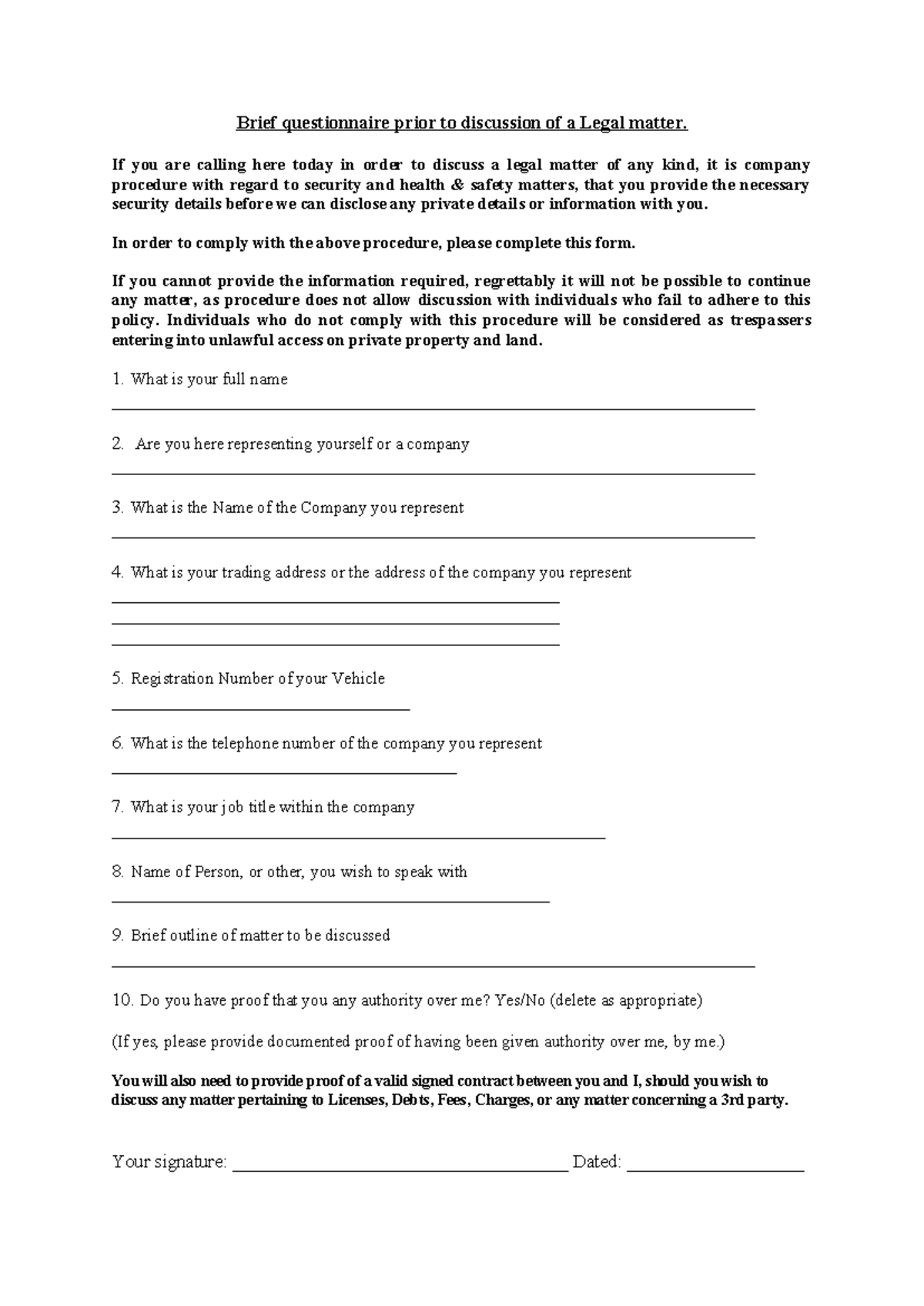Uninvited Persons Doorstep Questionaire Form - Brief questionnaire ...