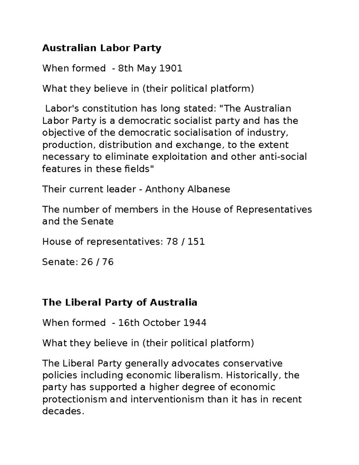 Polical parties - notes - Australian Labor Party When formed - 8th May ...