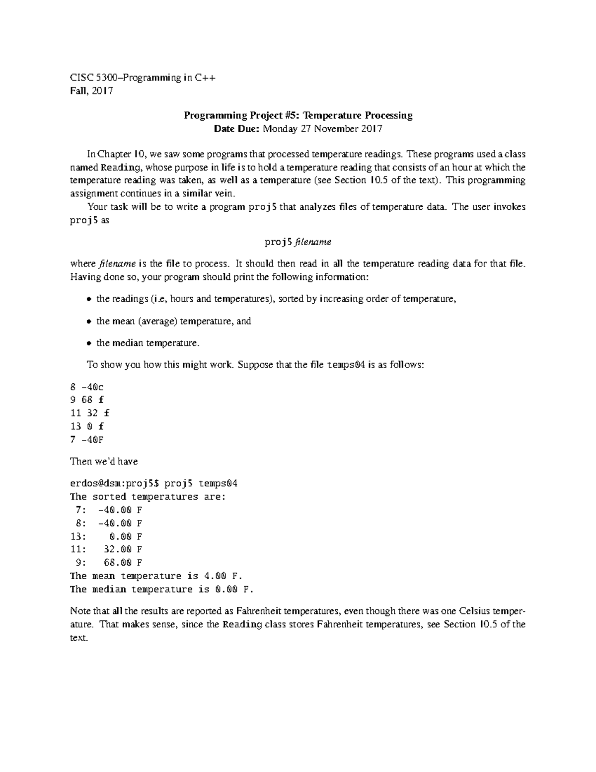Programming Project 5 Temperature Processing Cisc 5300 Programming In C Fall 2017