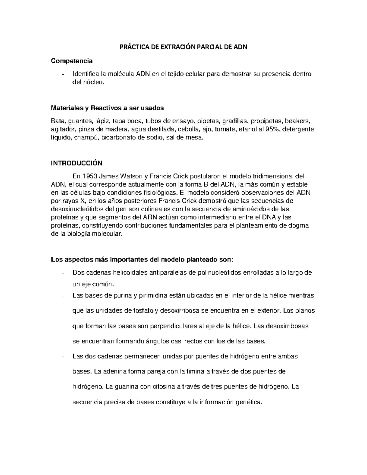 Práctica de laboratorio 1 bioquímica - PR¡CTICA DE EXTRACI”N PARCIAL DE ADN Competencia ...