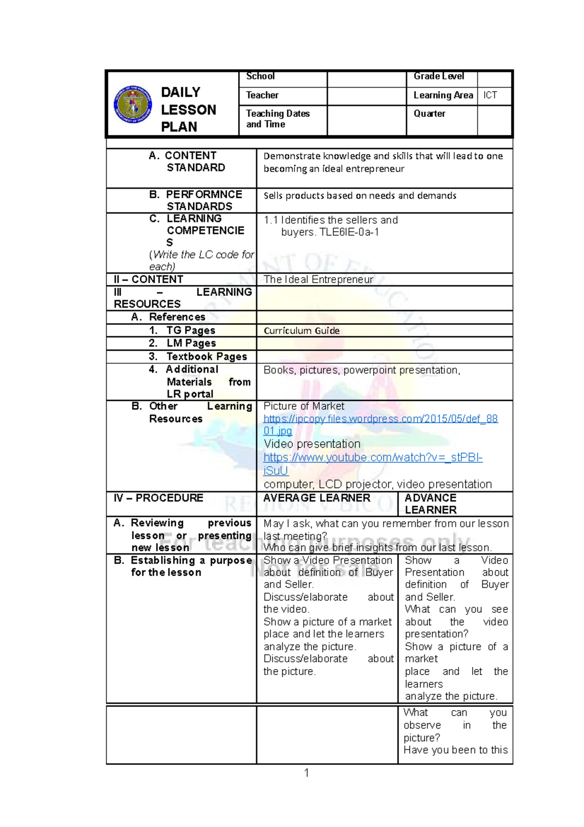 Daily lesson plan ict grade 6docx - 1 DAILY LESSON PLAN School Grade ...