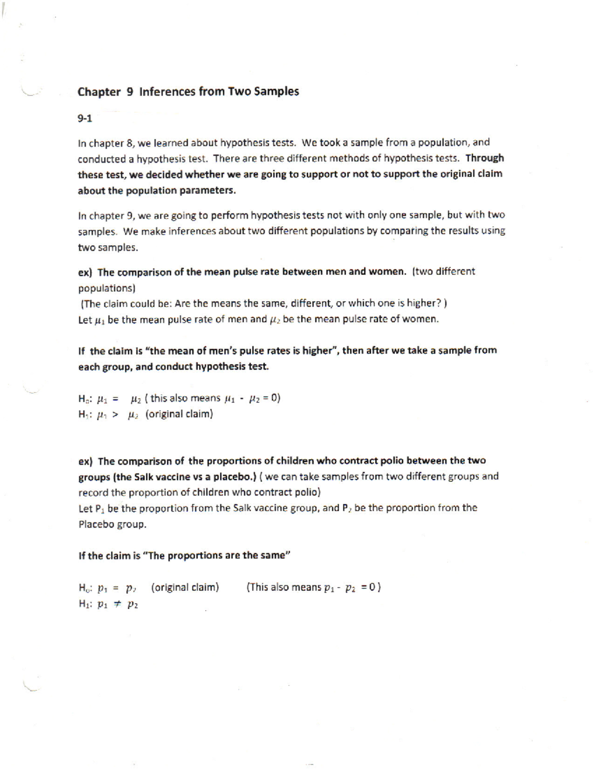 Class Lecture 9-1 and 9-2 - Chapter 9 lnferences from Two Samples 9-1 ...