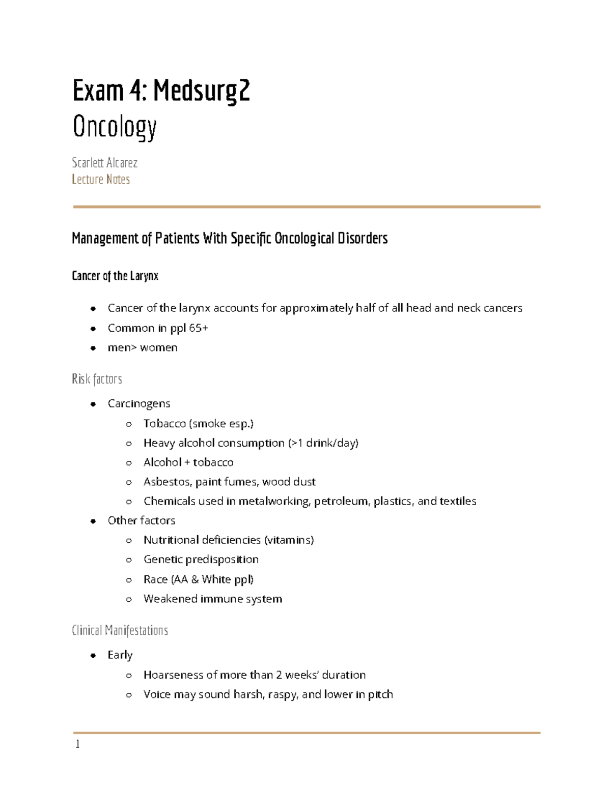 Class notes - Exam 4: Medsurg Oncology Scarlett Alcarez Lecture Nes ...