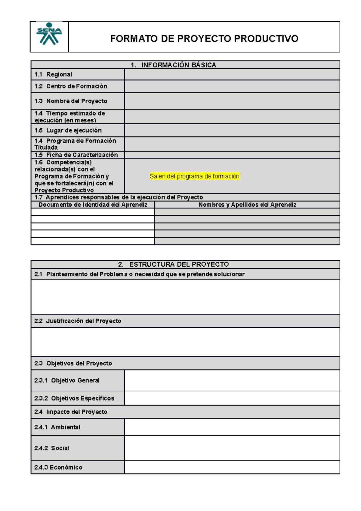 Formato Proyecto Productivo Téc Proyectos Agropecuarios - 1. INFORMACIÓN BÁSICA 1 Regional 1 ...