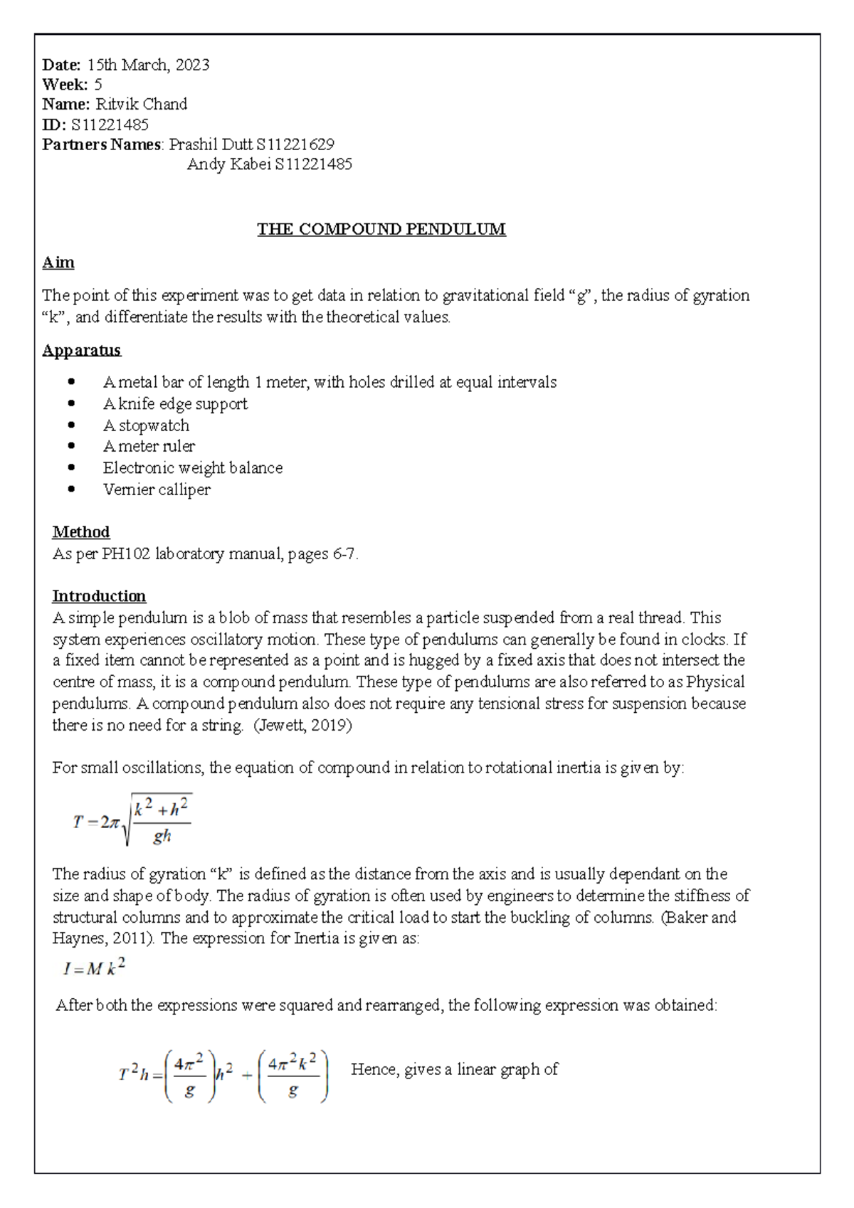 The Compound Pendulum Lab - Date: 15th March, 2023 Week: 5 Name: Ritvik ...