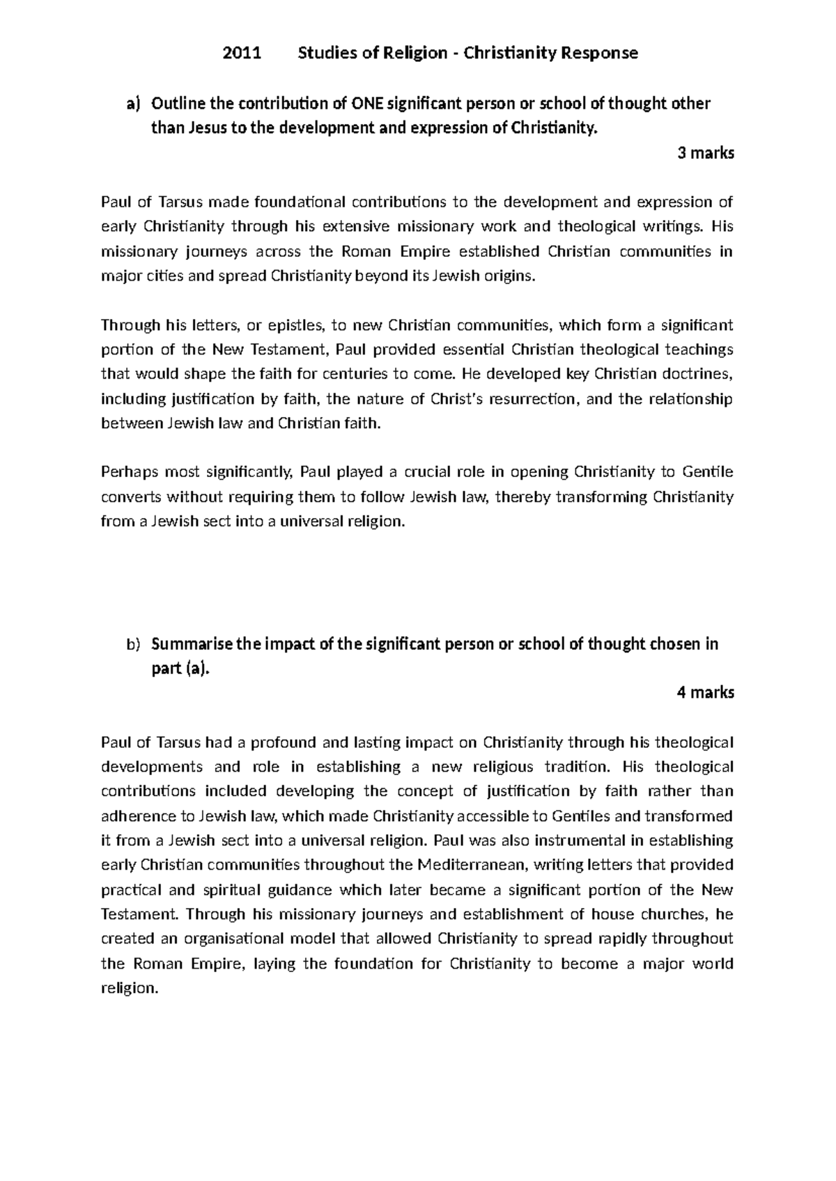 2011 Studies of Religion - Christianity Response sample - 3 marks Paul ...