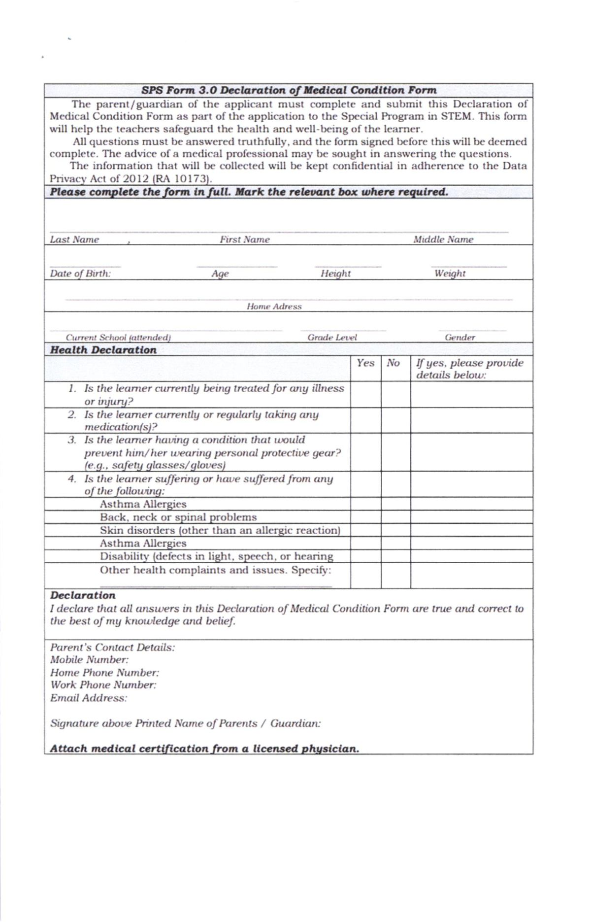 SPS Form 3 Declaration of Medical Form - SPS Forra 3 Dcclotu,tloa of ...