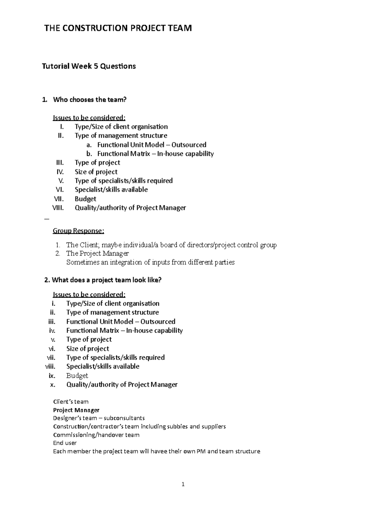Week 5 Tutorial questions - THE CONSTRUCTION PROJECT TEAM Tutorial Week ...