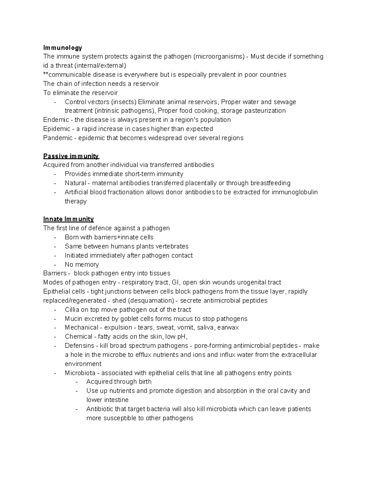 Immunology Review Notes - Immunology The immune system protects against ...