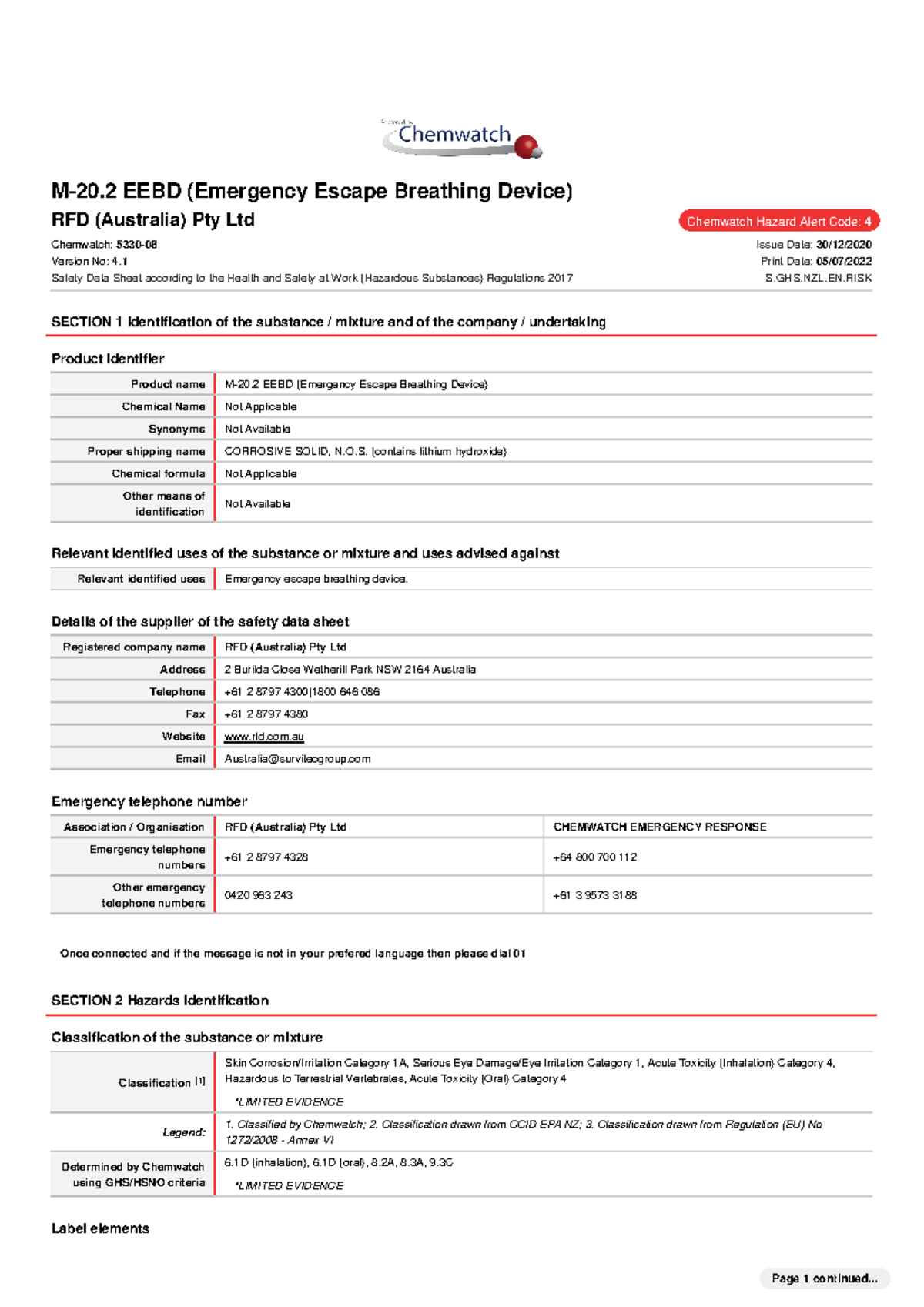 M-20.2 EEBD SDS - dasdfasdf - M-20 EEBD (Emergency Escape Breathing ...