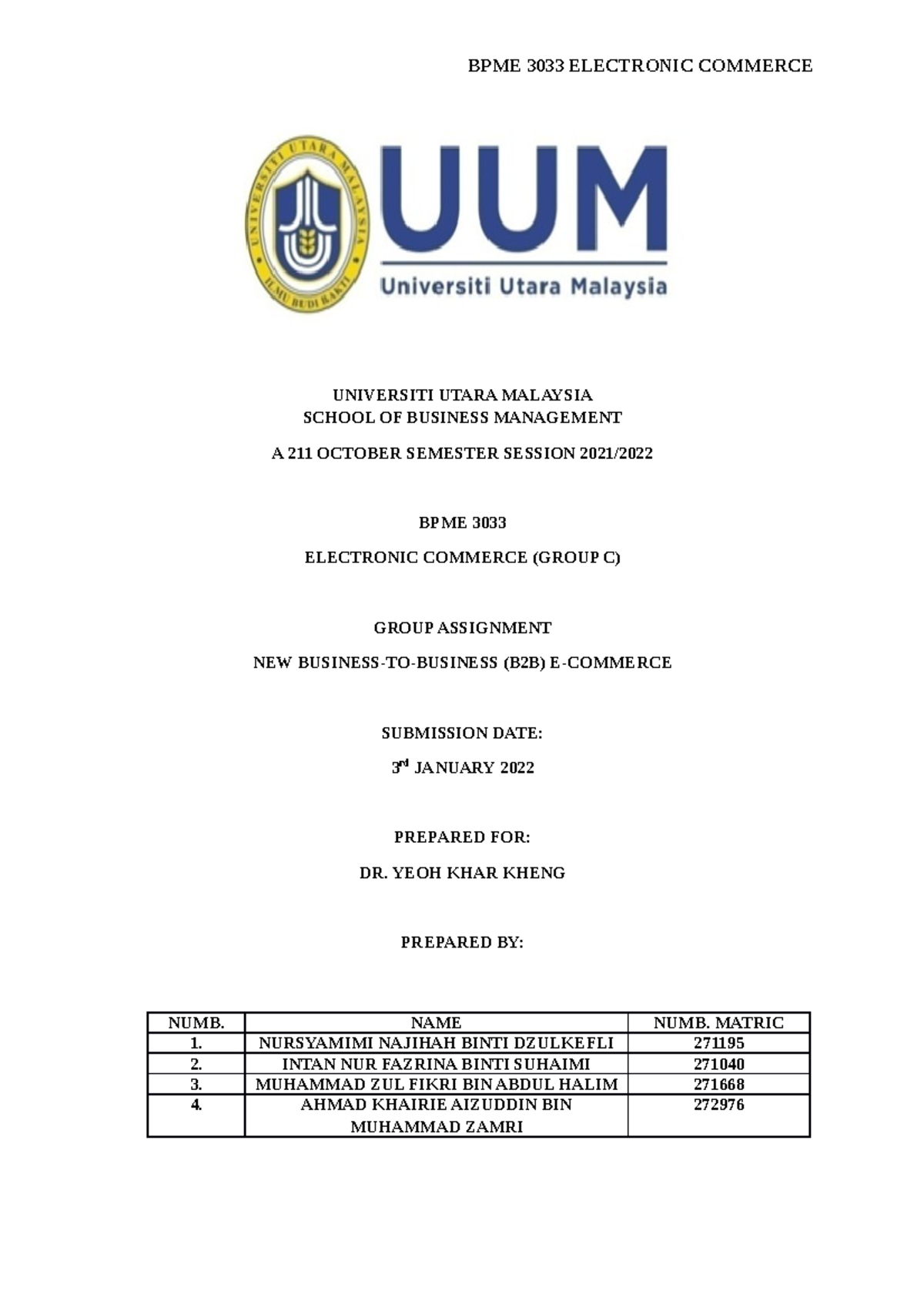 Sample ECOM Group Assignment 1 - UNIVERSITI UTARA MALAYSIA SCHOOL OF ...