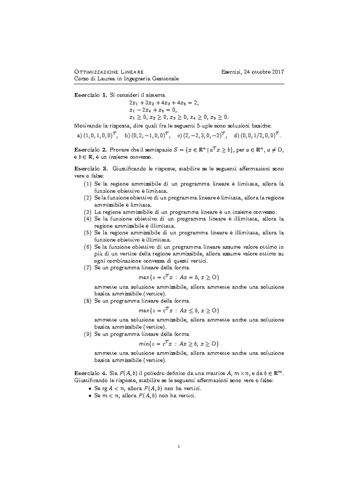 Ese241017 - ESERCIZI - Ottimizzazione Lineare Esercizi, 24 ottobre 2017 ...