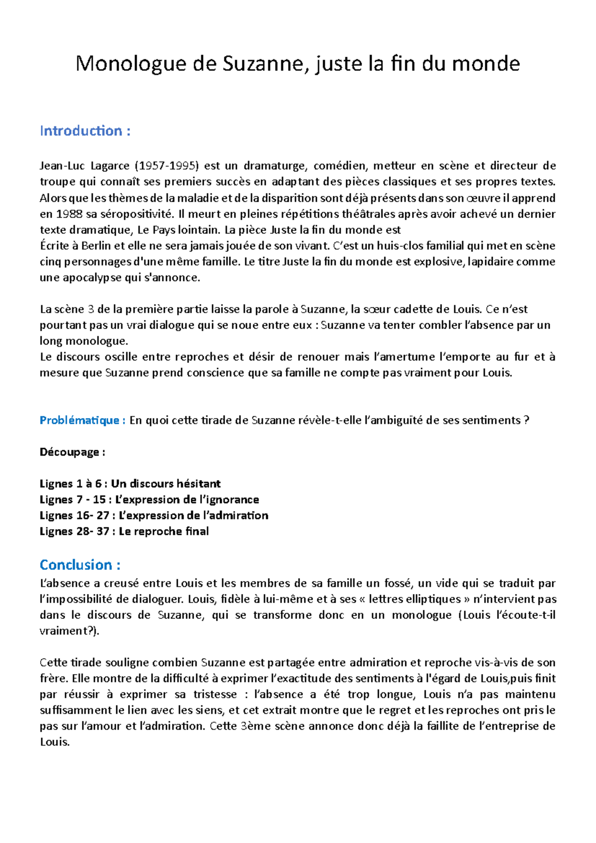 Fiche oral de Français Monologue de Suzanne - Monologue de Suzanne ...