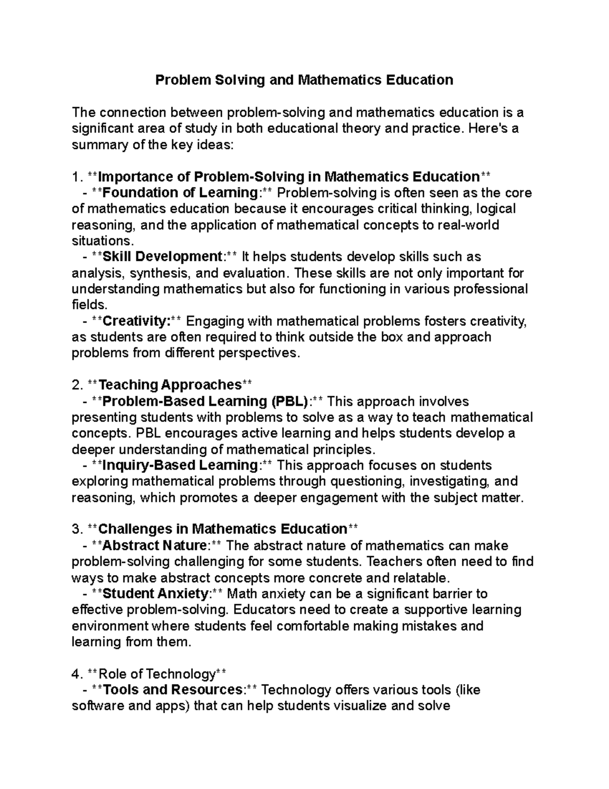 Problem Solving and Mathematics Education - Here's a summary of the key ideas: Importance of ...