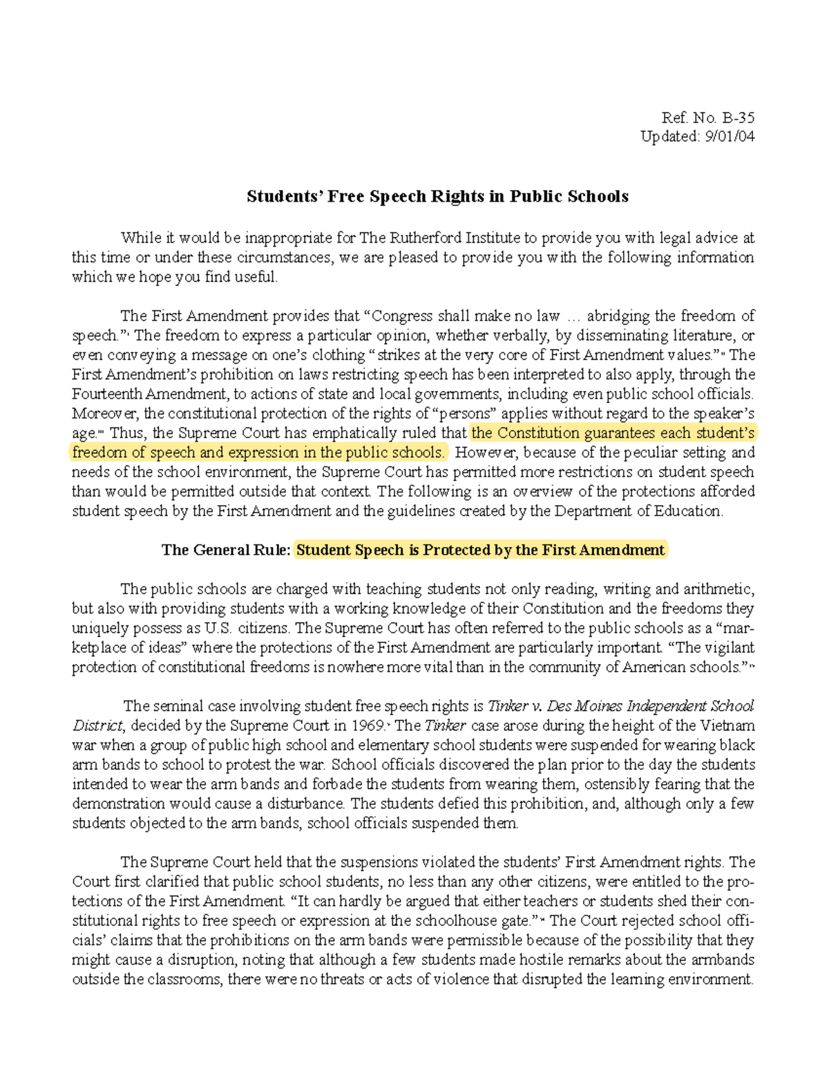 Students Free Speech Rights in Public Schools 2004 - Ref. No. B ...