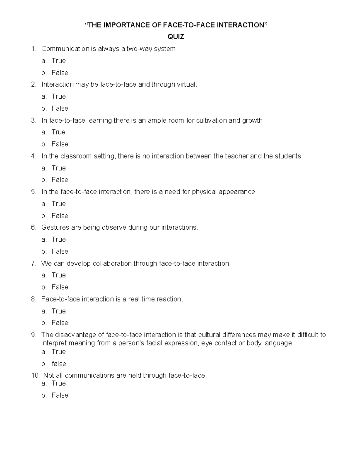 THE Importance OF FACE Toface Interaction (QUIZ BEE) - QUIZ ...