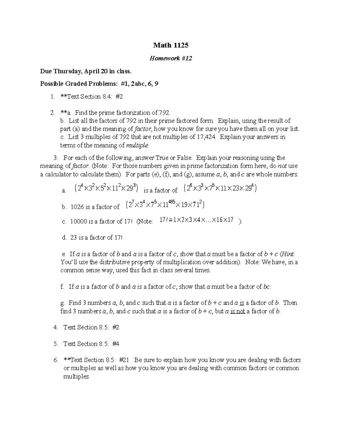 1125HW12 - Homwork assignment, problem solving - Math 1125 Homework ...