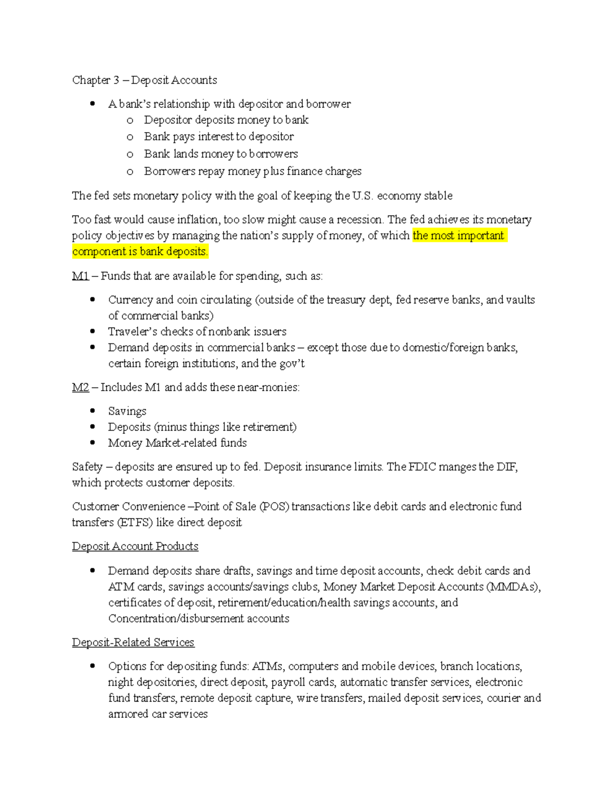 FIN4323 Chapter 3 Notes - Chapter 3 – Deposit Accounts A bank’s ...