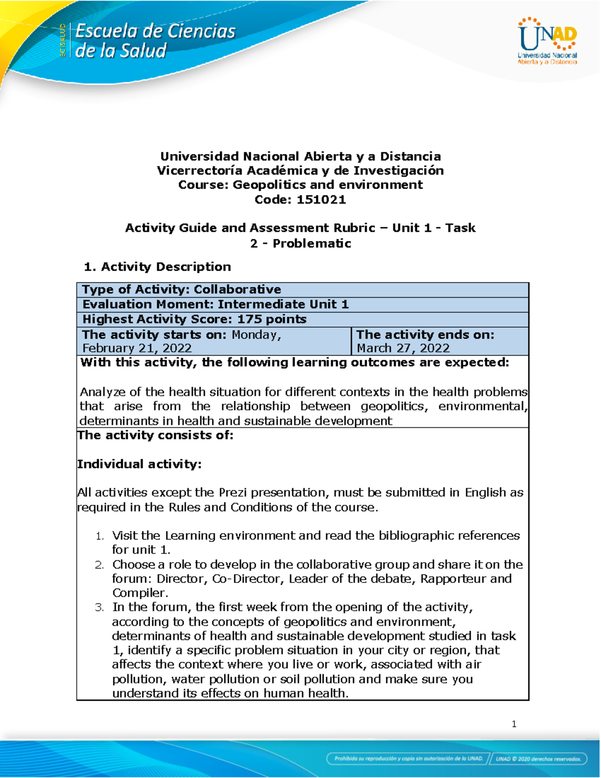 Activities guide and evaluation rubric - Unit 1- Task 2 - Problematic ...