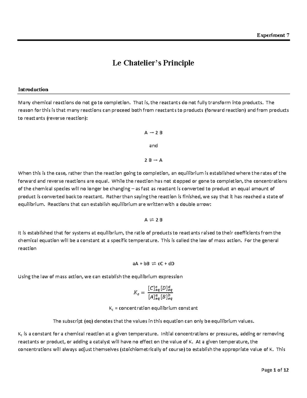 Exp. 7 - Le Chateliers Principle - Experiment 7 Le Chatelier’s ...
