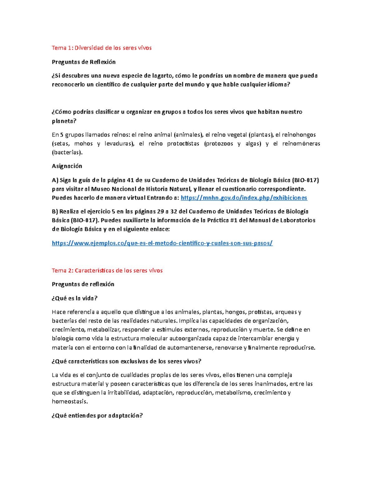 Unidad 1 Tema1 cfghjk - Tema 1: Diversidad de los seres vivos Preguntas ...