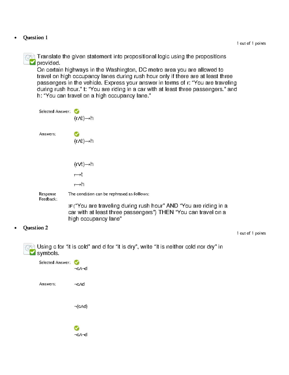 Pdf - quiz answers - • Question 1 1 out of 1 points Translate the given statement into ...