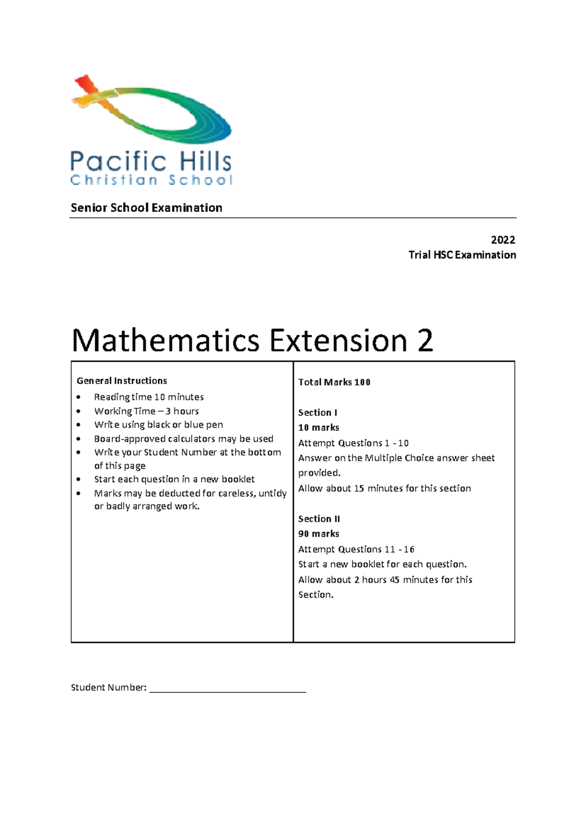 2022 Mathematics Ext 2 Maths Trial Examination - Senior School ...