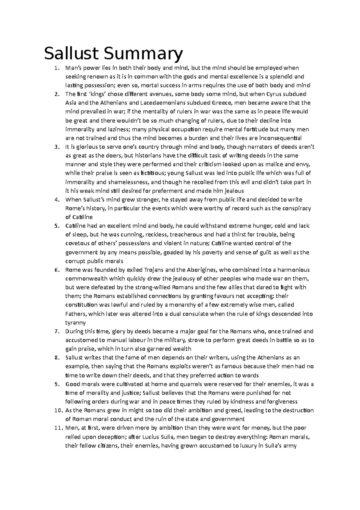 Sallust Summary - Sallust Summary Man’s power lies in both their body ...