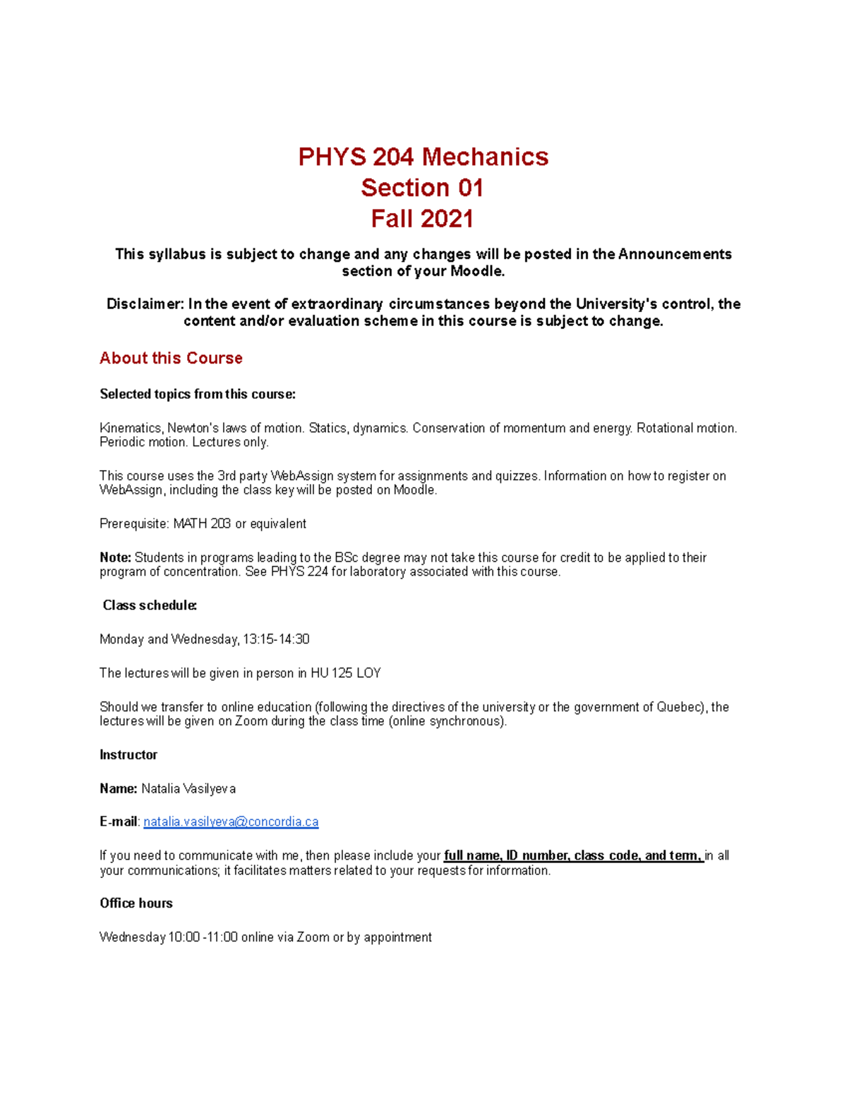 PHYS 204 F2021 outline:syllabus - PHYS 204 - Concordia - Studocu