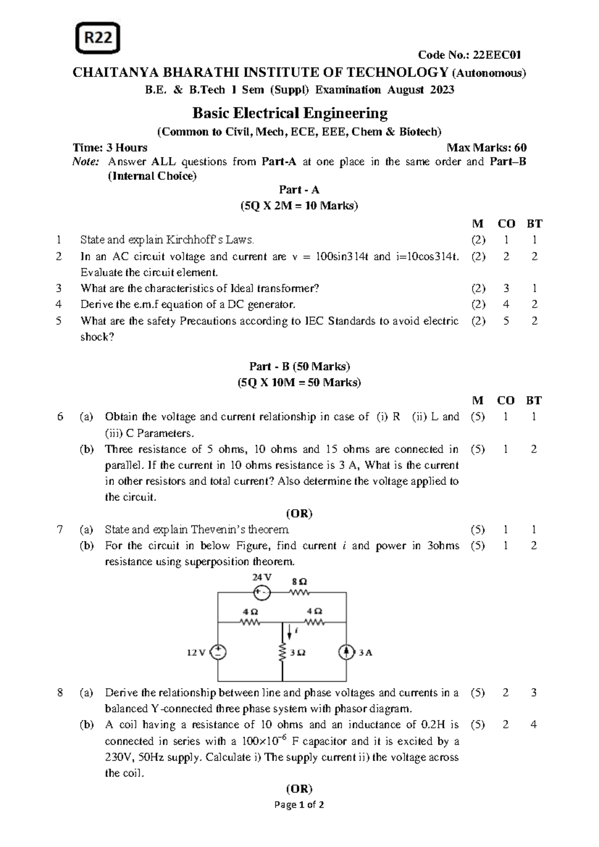 Basic Electrical Engineering 22EEC01 - Code No.: 22EEC Page 1 of 2 ...