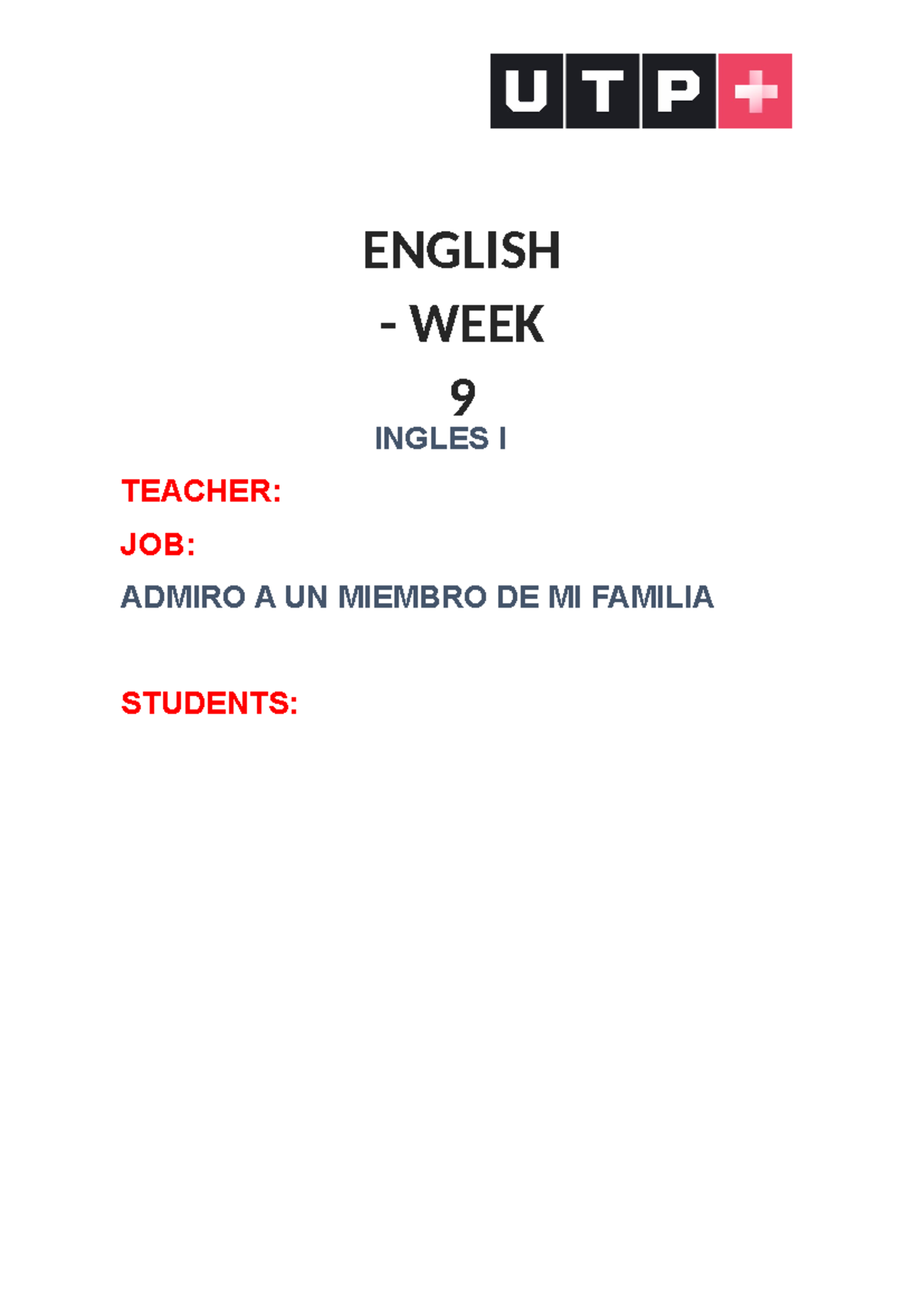 12. English WORK - ingles, tarea - ENGLISH - WEEK 9 INGLES I TEACHER ...