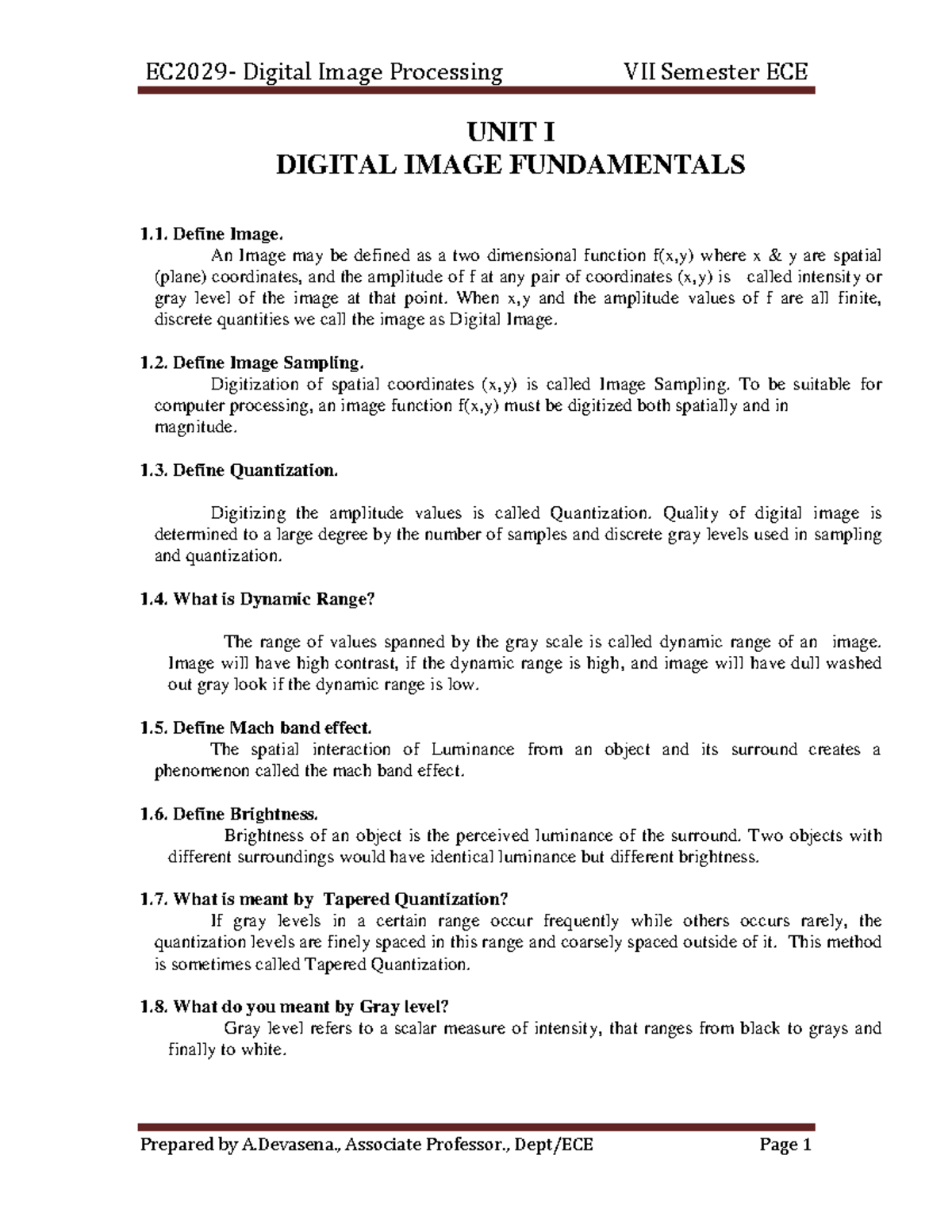 EC2029 Digital Image Processing two Mark - UNIT I DIGITAL IMAGE ...