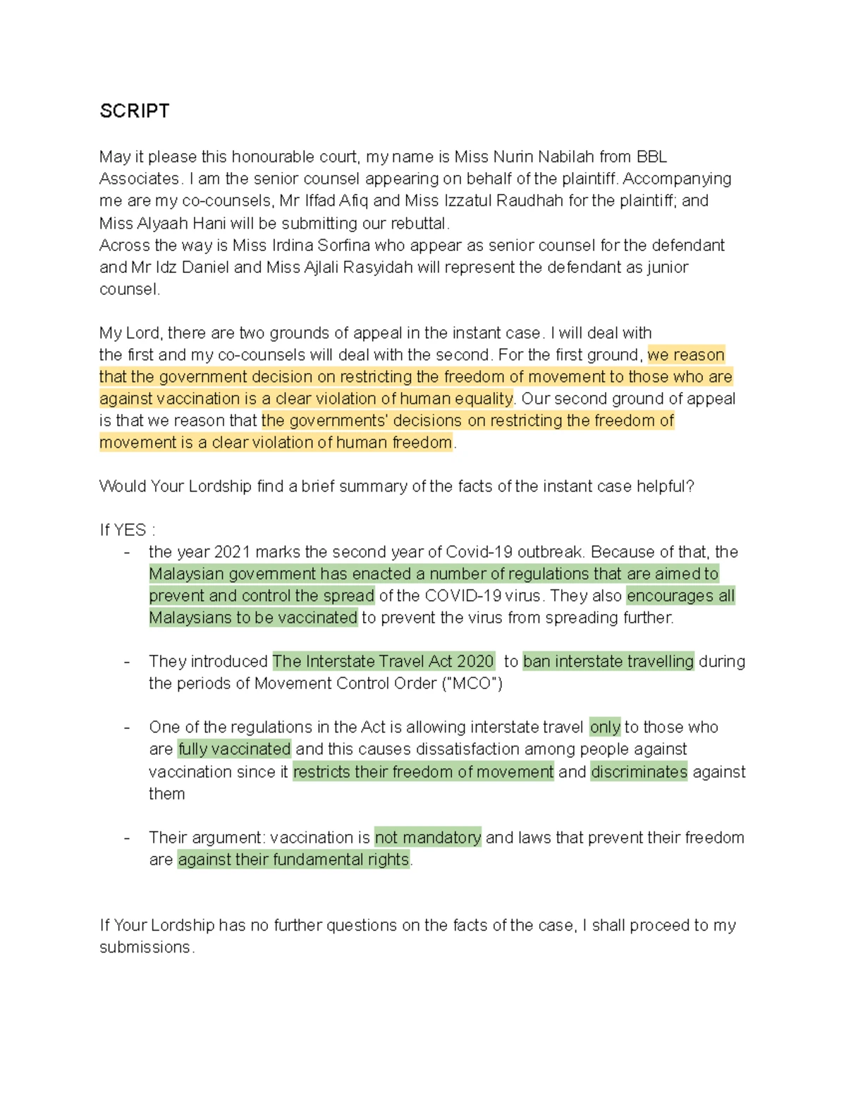 MOOT memorial (rough) on medical negligence and state vicarious ...