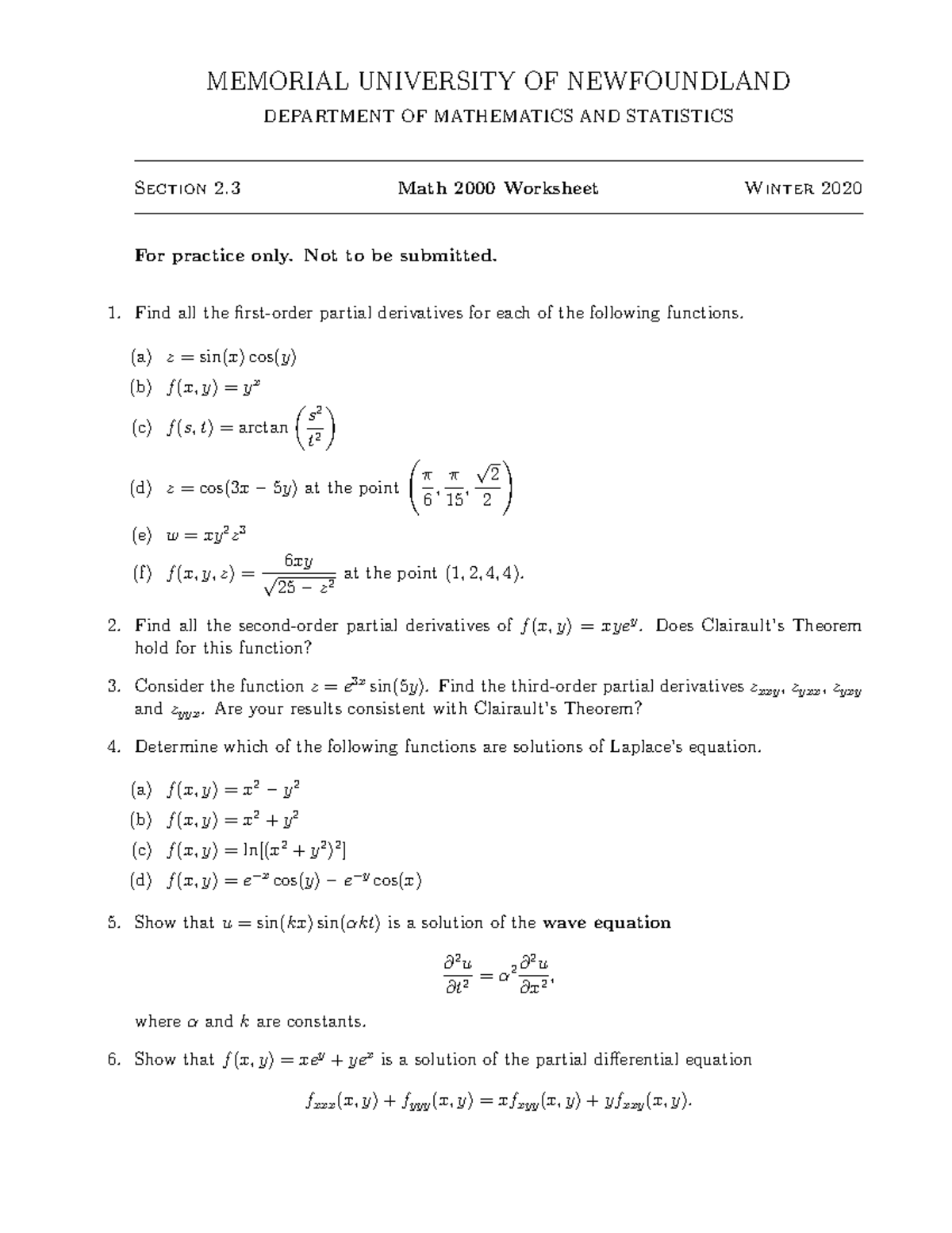 Worksheet 2-3 - MEMORIAL UNIVERSITY OF NEWFOUNDLAND DEPARTMENT OF ...