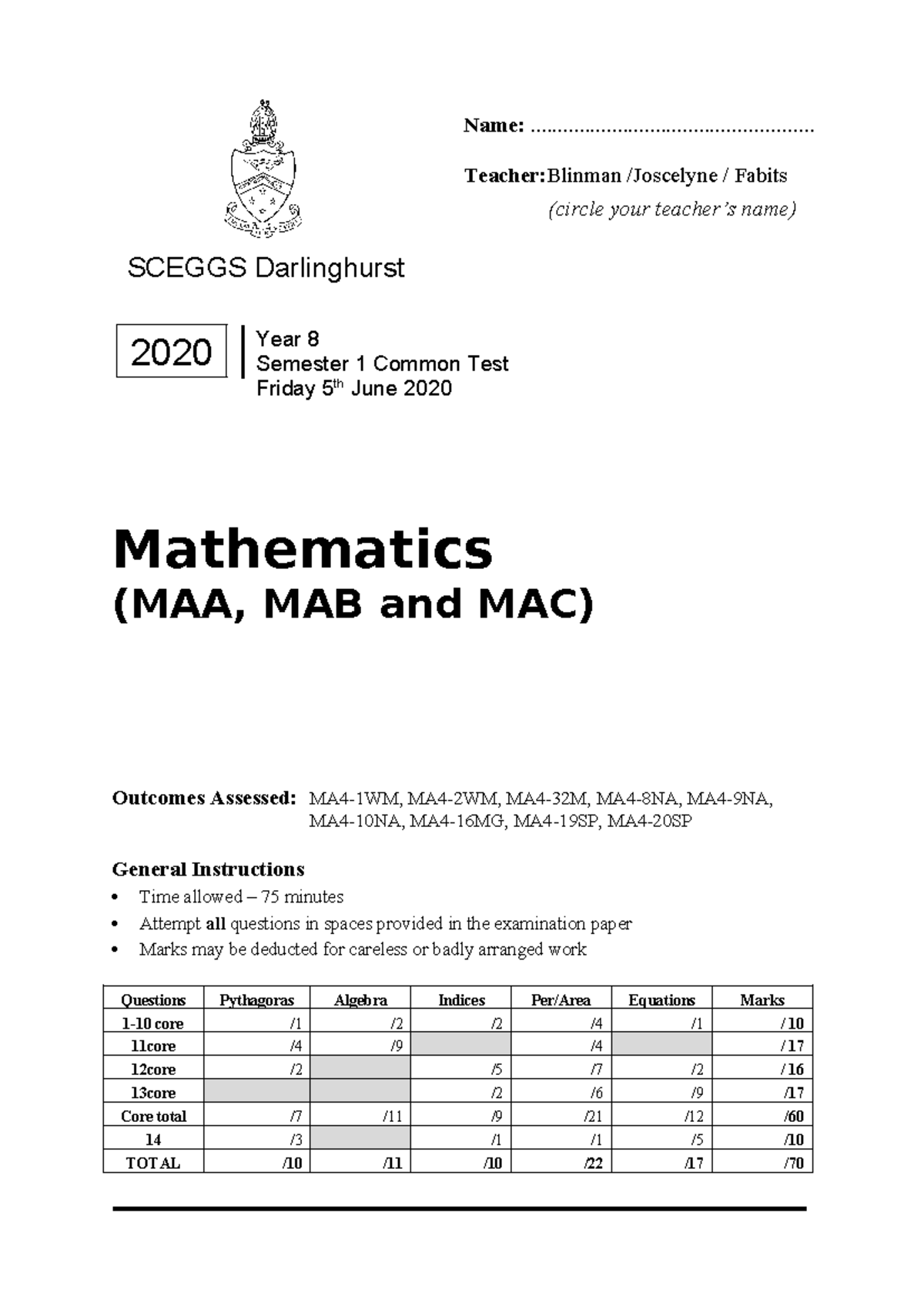 Sceggs 2020 Sem1 - Exam - Name ...
