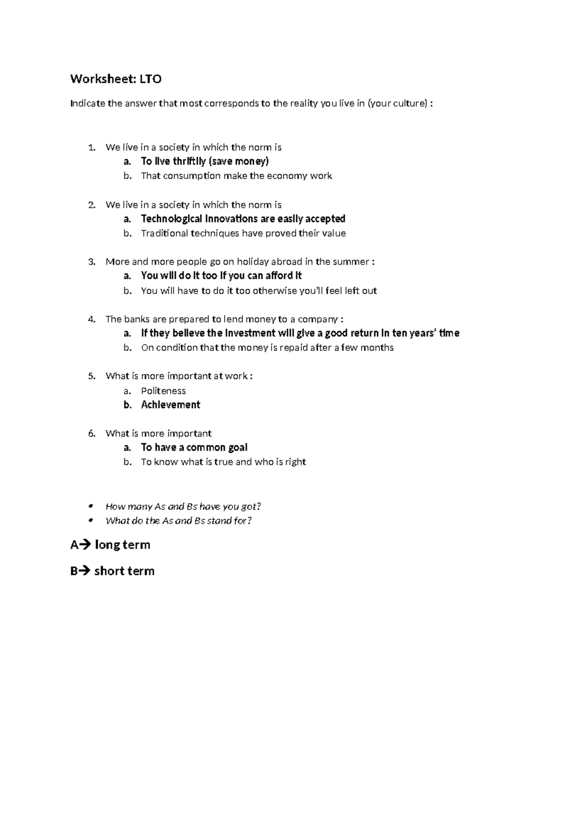 ICS Worksheets culturalvalues LTO - Worksheet: LTO Indicate the answer ...