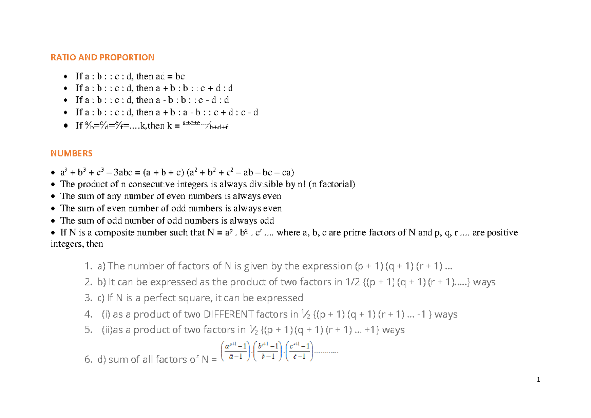 Quants IMP Eqns pdf - IIFT - Estadística II: Inferencia Estadística - RATIO AND PROPORTION • If ...