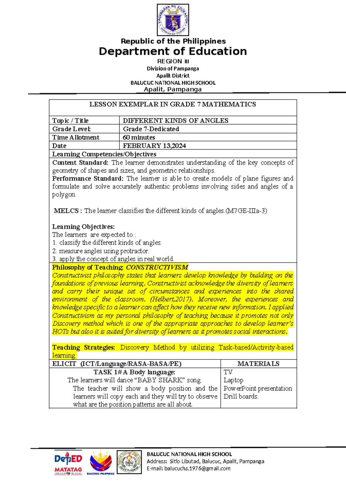 Lesson Exemplar IN Grade 7 Mathematics cot-3 - BALUCUC NATIONAL HIGH ...