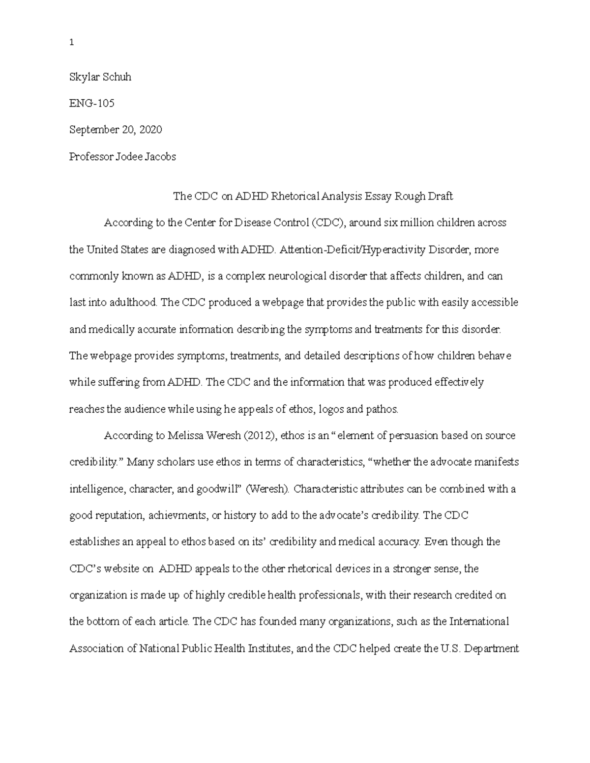 Rhetorical ANalysis Rough Draft ADHD - Skylar Schuh ENG- September 20 ...