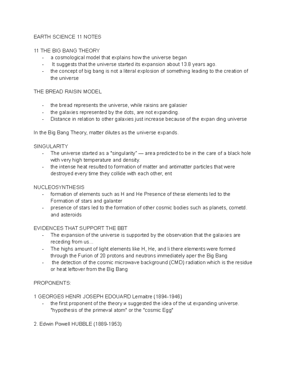 Earth Science UNIT 1 - EARTH SCIENCE 11 NOTES 11 THE BIG BANG THEORY a ...