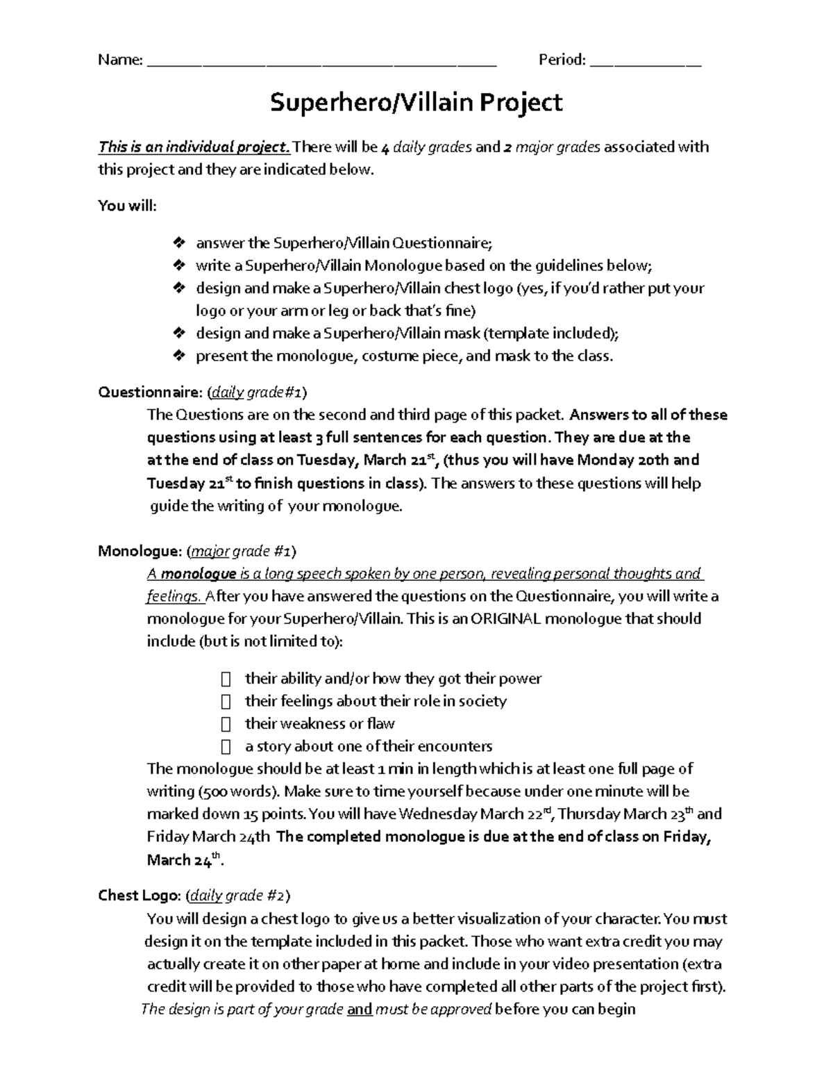 Superhero Project Outline - Name ...