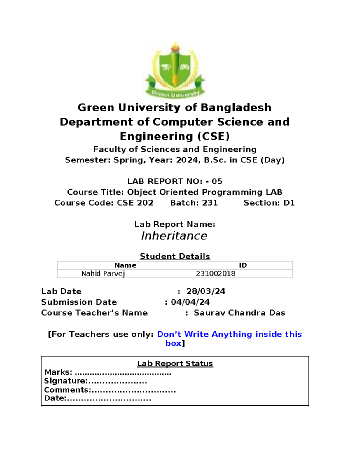 OP 4 - Lab reports - Green University of Bangladesh Department of Computer Science and ...