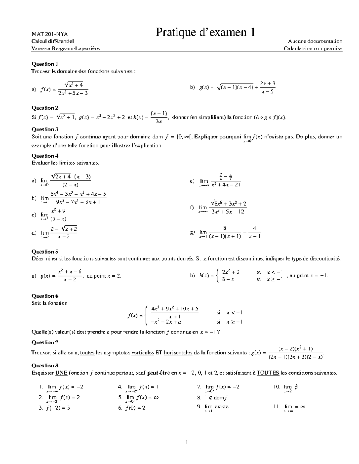 Pratique Examen 1 - merci - MAT 201-NYA Pratique d’examen 1 Calcul différentiel Aucune ...