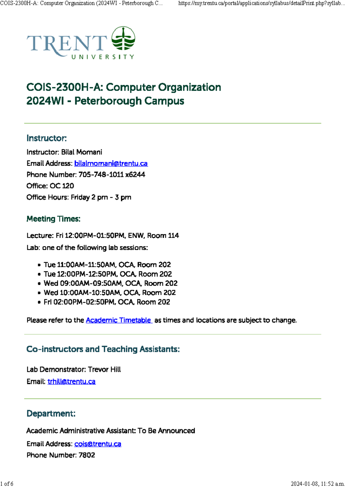 COIS-2300H-A Computer Organization (2024WI - Peterborough Campus) - Cois 2300 - Studocu