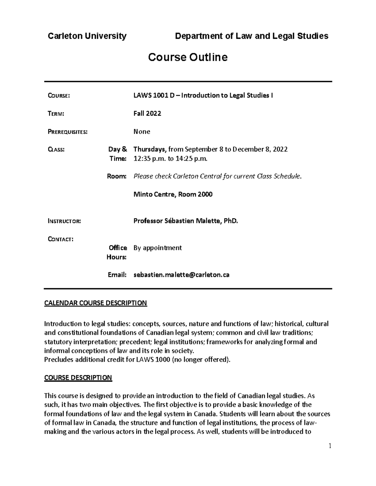 LAWS 1001D Malette Sebastien Fall 2022 Course Outline - Carleton ...
